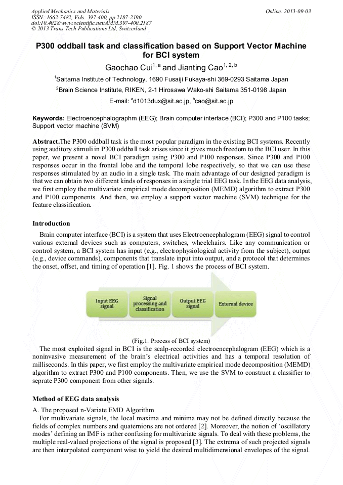 P300 Oddball Task and Classification Based on Support Vector Machine ...