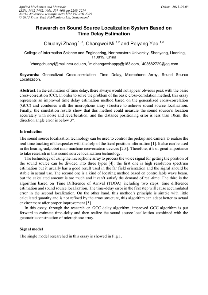 Research on Sound Source Localization System Based on Time Delay Estimation | Scientific.Net