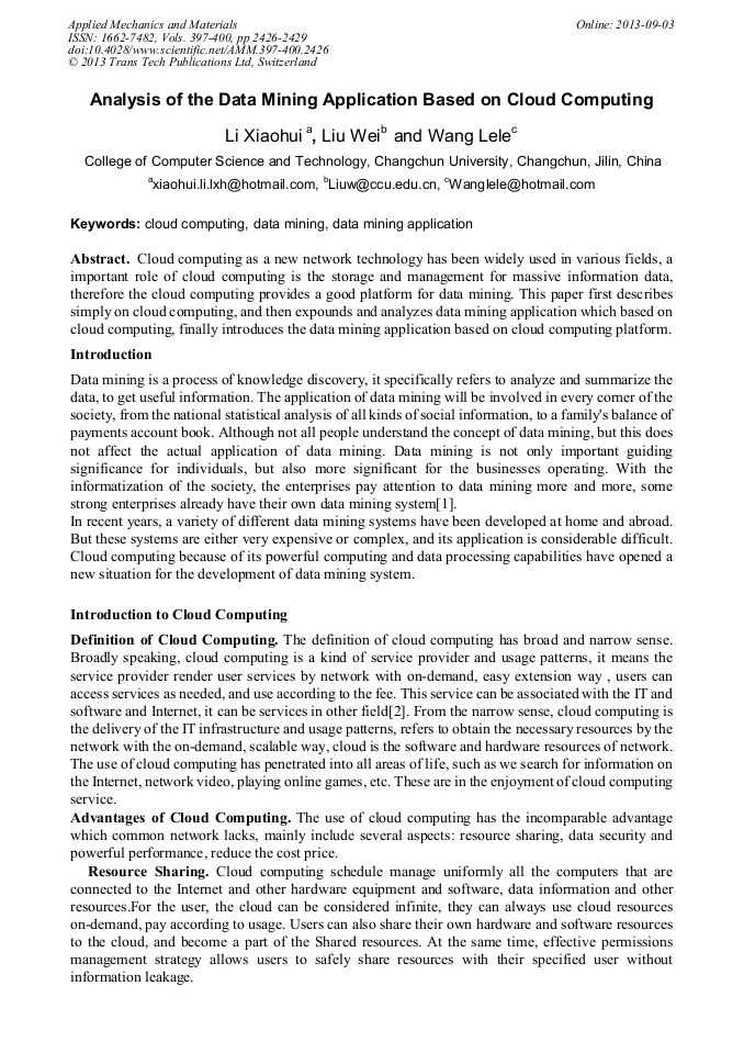 Analysis of the Data Mining Application Based on Cloud Computing | Scientific.Net