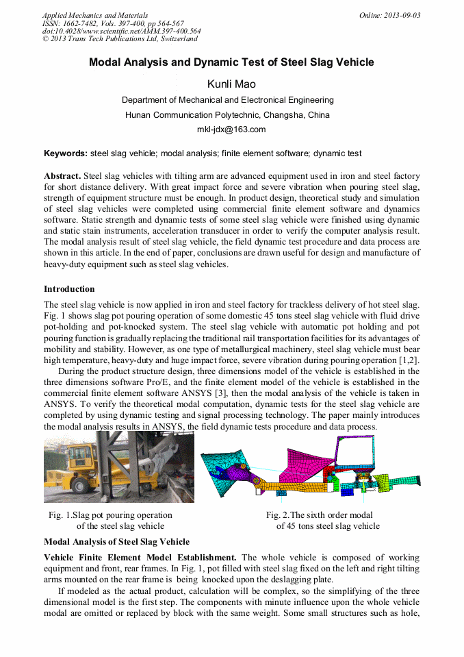 Modal Analysis and Dynamic Test of Steel Slag Vehicle | Scientific.Net