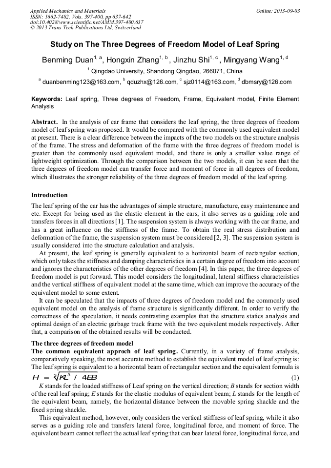 Study on the Three Degrees of Freedom Model of Leaf Spring | Scientific.Net