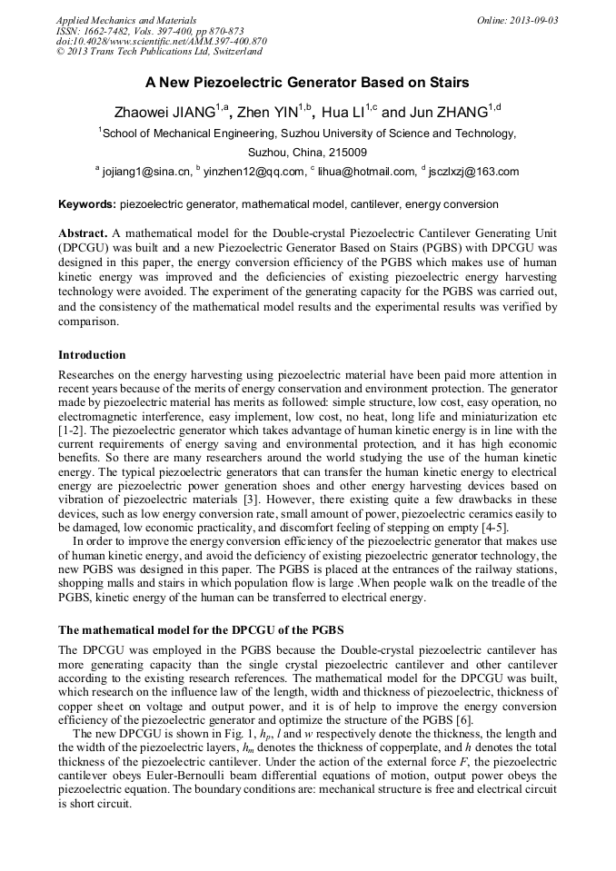 A New Piezoelectric Generator Based on Stairs | Scientific.Net