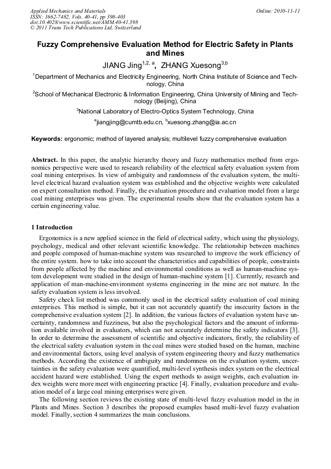 Fuzzy Comprehensive Evaluation Method for Electric Safety in Plants and ...