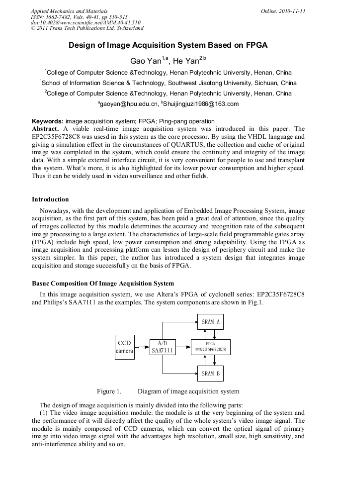 Design of Image Acquisition System Based on FPGA | Scientific.Net