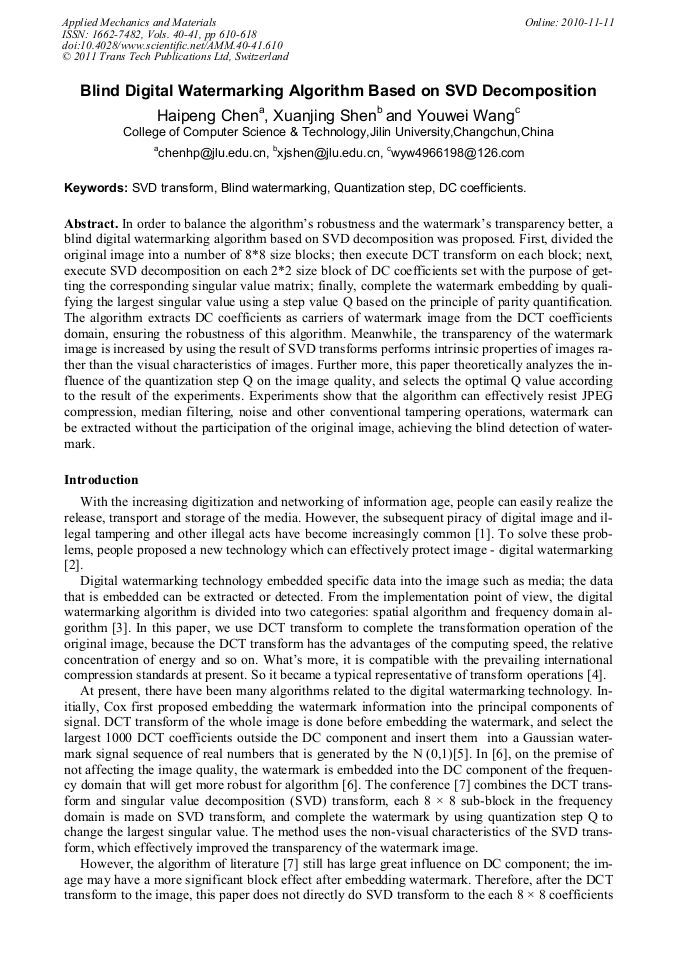Blind Digital Watermarking Algorithm Based on SVD Decomposition | Scientific.Net