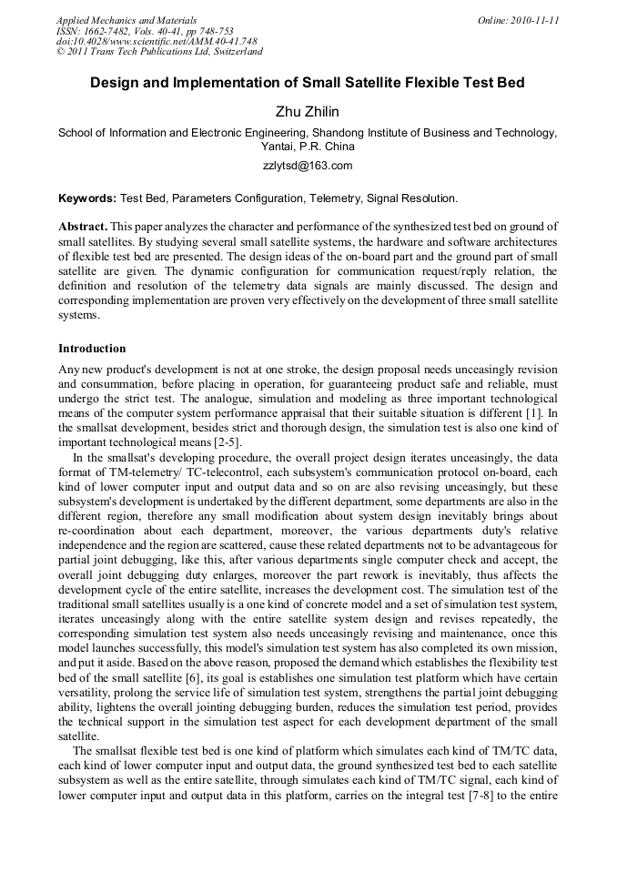 Design and Implementation of Small Satellite Flexible Test Bed ...