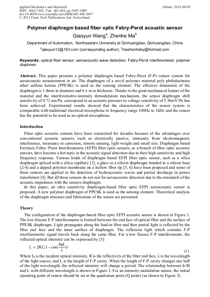 Polymer Diaphragm Based Fiber Optic Fabry-Perot Acoustic Sensor | Scientific.Net