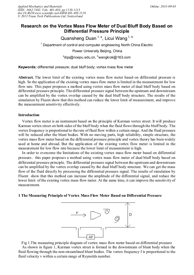 Research on the Vortex Mass Flow Meter of Dual Bluff Body Based on ...