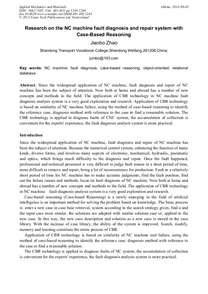 Research on the NC Machine Fault Diagnosis and Repair System with Case ...