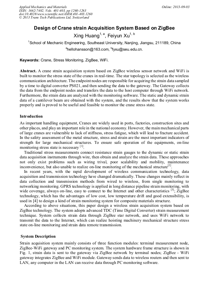 Design of Crane Strain Acquisition System Based on ZigBee | Scientific.Net