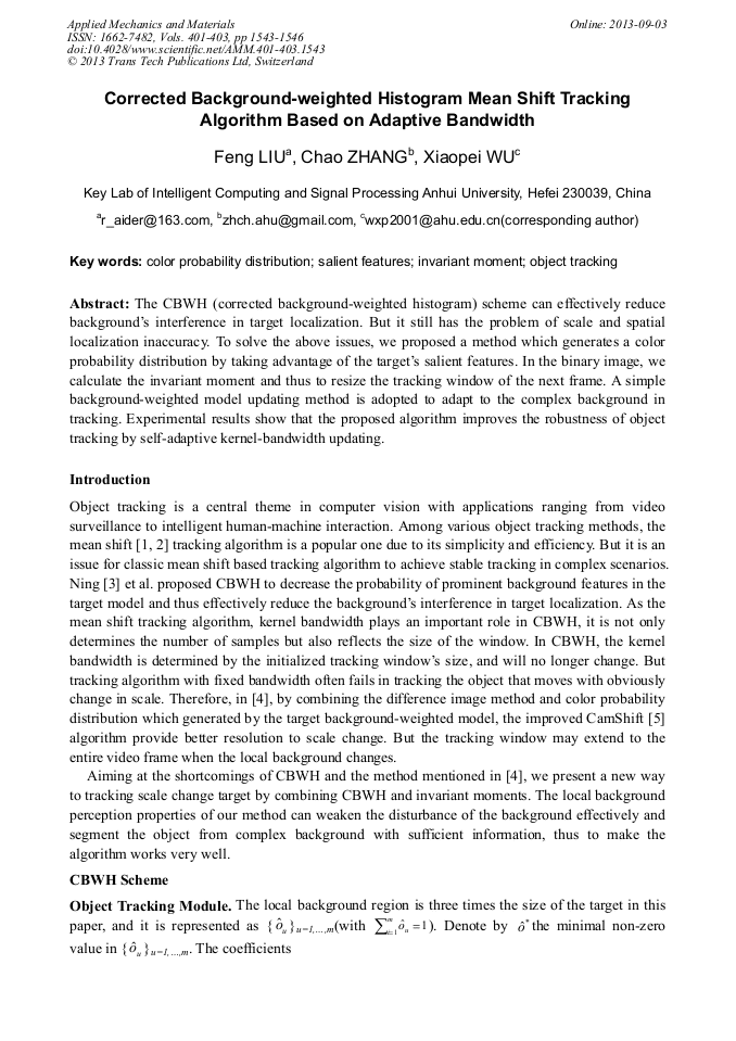 Corrected Background-weighted Histogram Mean Shift Tracking Algorithm Based on Adaptive ...