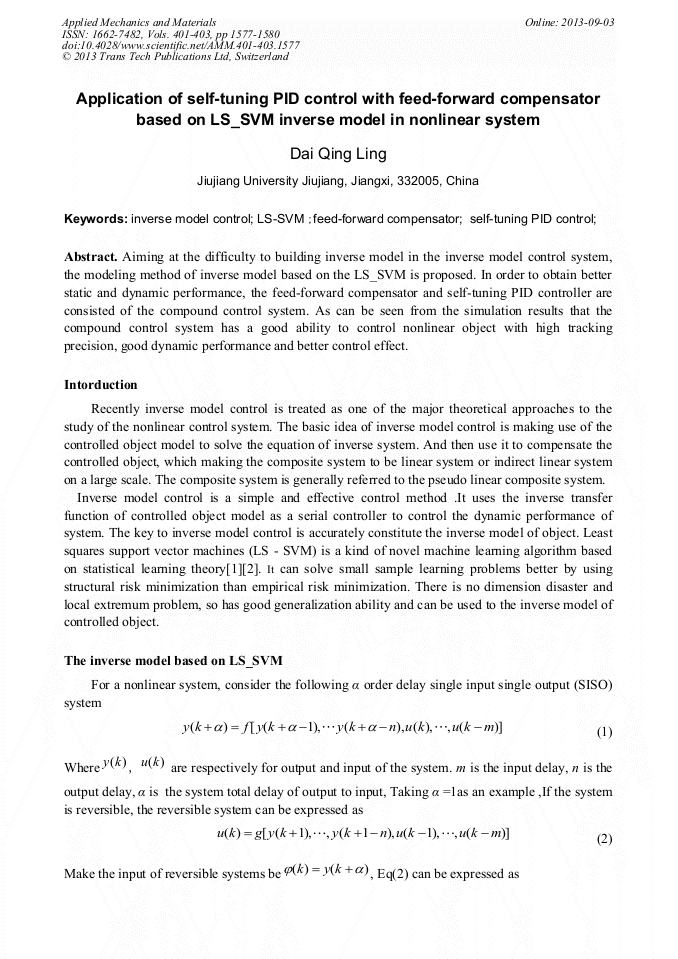 Application Of Self Tuning Pid Control With Feed Forward Compensator Based On Lssvm Inverse