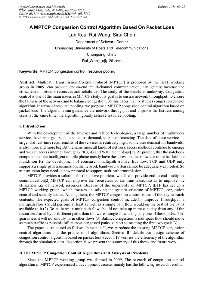 A Mptcp Congestion Control Algorithm Based On Packet Loss Scientificnet 9460