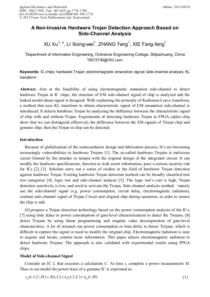 A Non-Invasive Hardware Trojan Detection Approach Based on Side-Channel Analysis | Scientific.Net