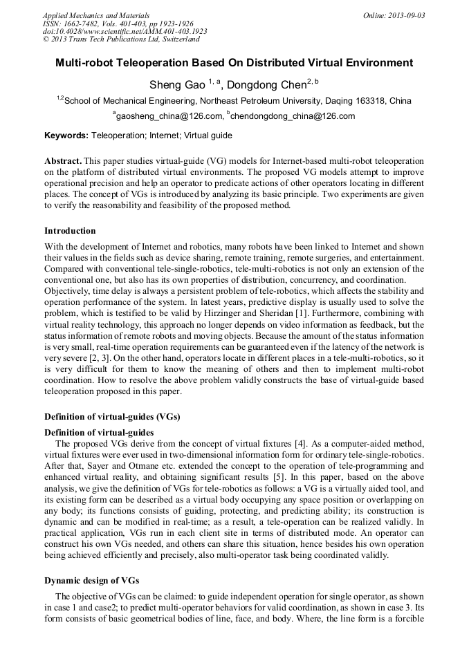 Multi-Robot Teleoperation Based on Distributed Virtual Environment | Scientific.Net