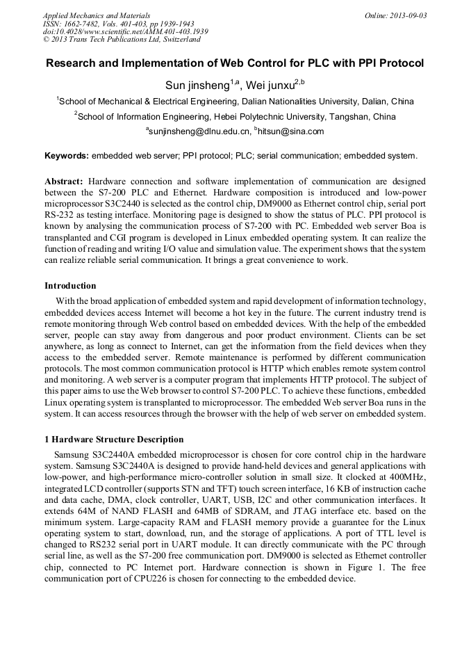 Research and Implementation of Web Control for PLC with PPI Protocol ...