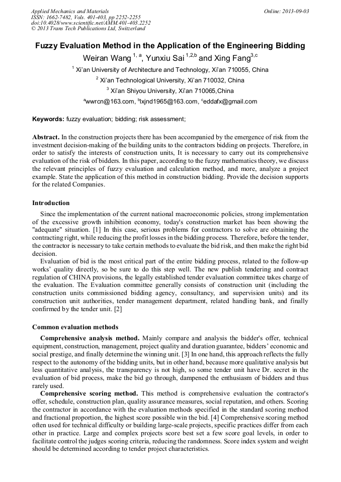 Fuzzy Evaluation Method in the Application of the Engineering Bidding ...