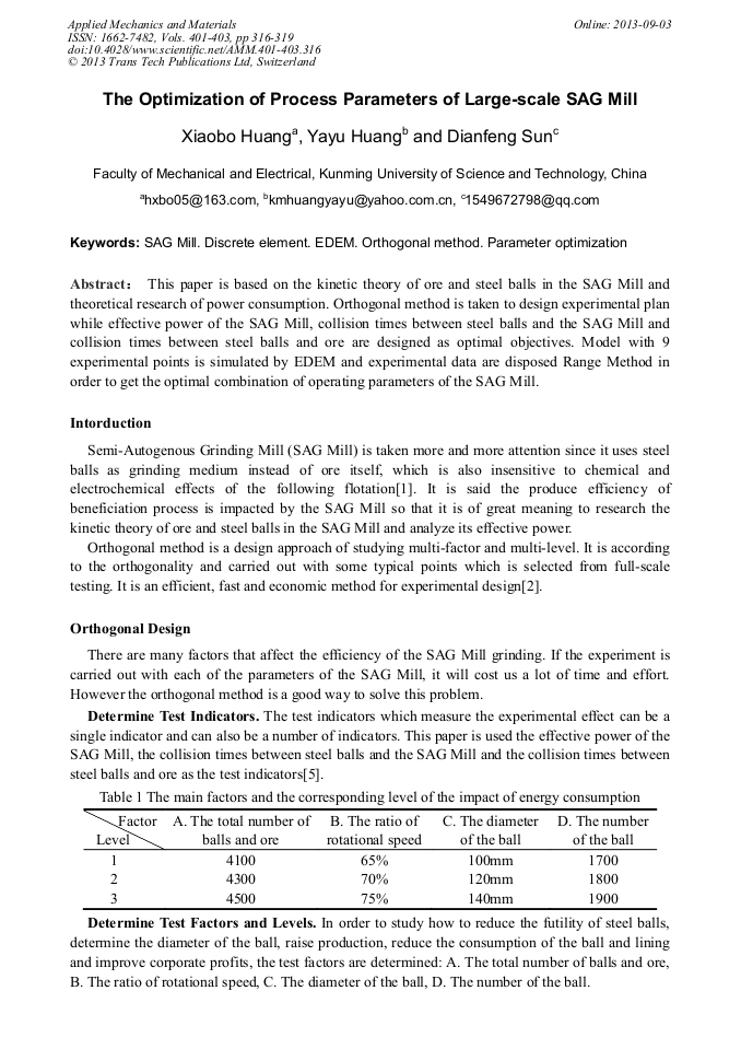 The Optimization of Process Parameters of Large-Scale SAG Mill ...