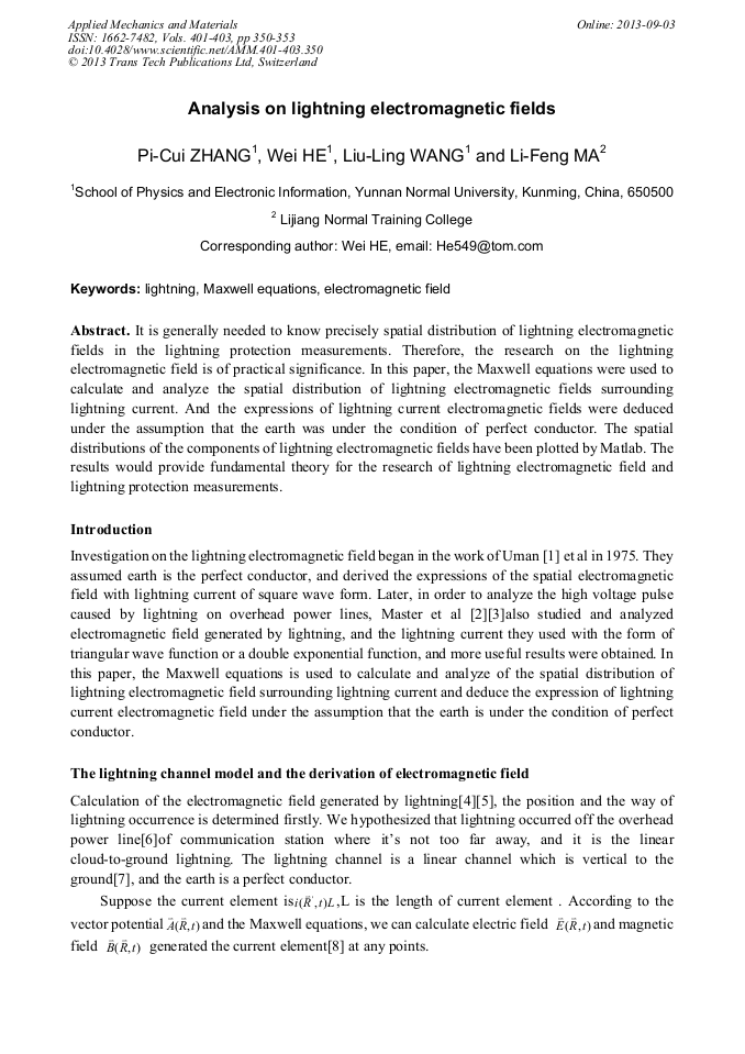 Analysis on Lightning Electromagnetic Fields | Scientific.Net