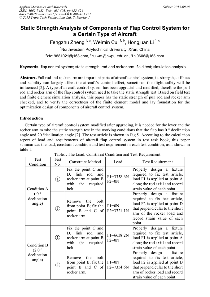 Static Strength Analysis of Components of Flap Control System for a ...