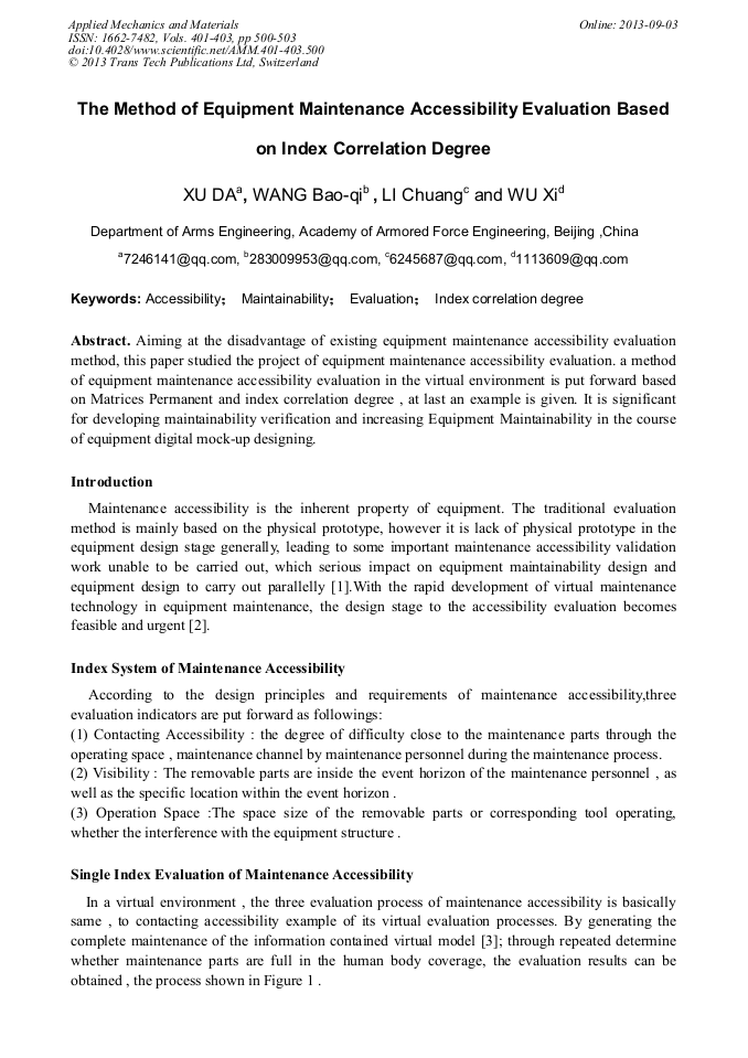 The Method of Equipment Maintenance Accessibility Evaluation Based on ...