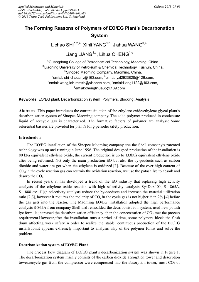 The Forming Reasons of Polymers of EO/EG Plant’s Decarbonation System ...
