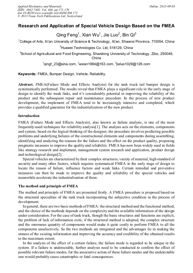 Research and Application of Special Vehicle Design Based on the FMEA ...