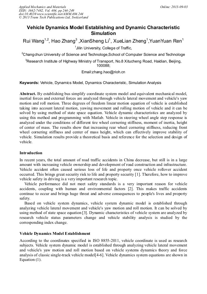 Vehicle Dynamics Model Establishing and Dynamic Characteristic ...