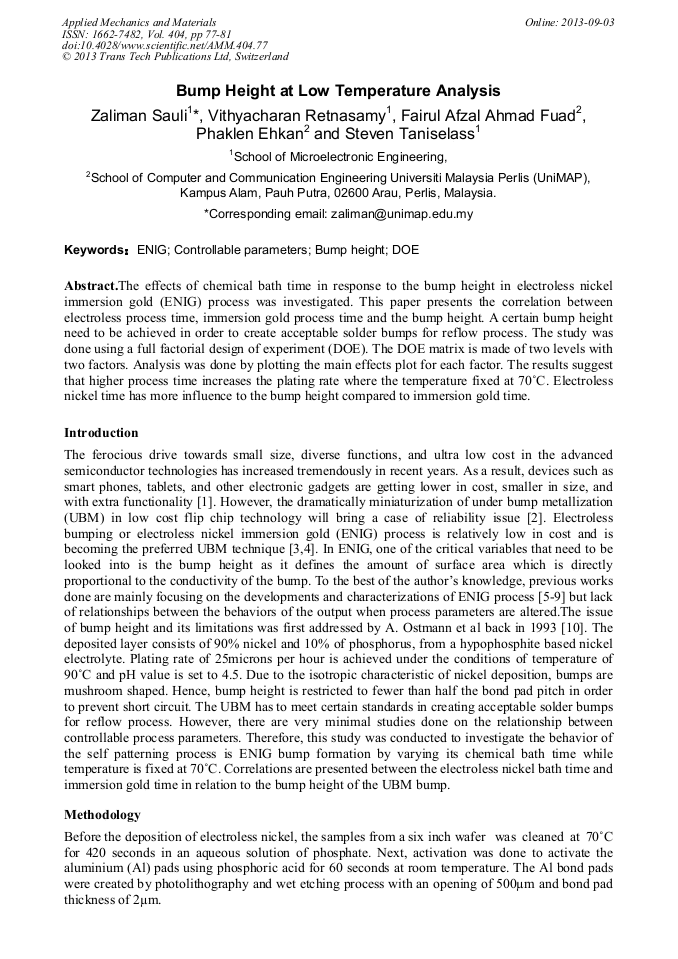 Bump Height at Low Temperature Analysis | Scientific.Net