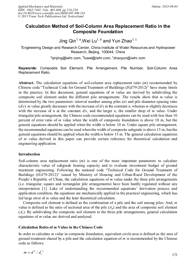 Calculation Method of Soil-Column Area Replacement Ratio in the ...