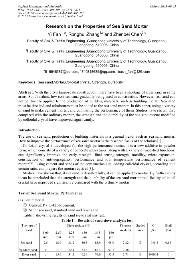 Research on the Properties of Sea Sand Mortar | Scientific.Net