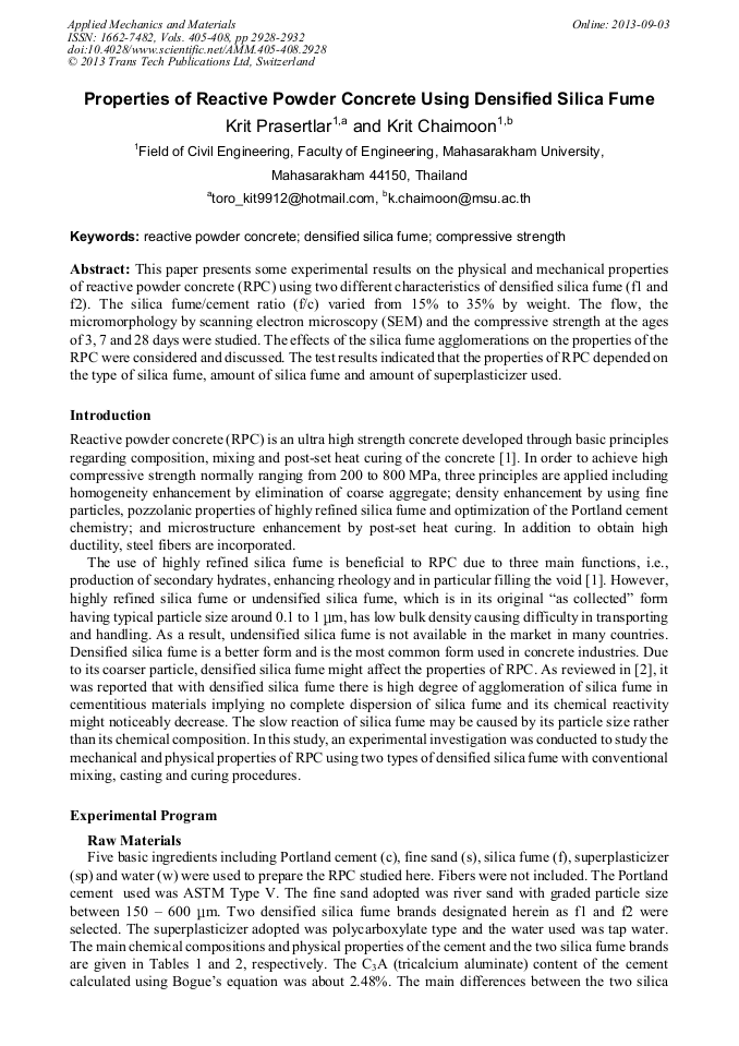 Properties of Reactive Powder Concrete Using Densified Silica Fume ...