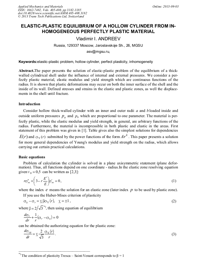 Elastic-Plastic Equilibrium of a Hollow Cylinder from Inhomogeneous ...