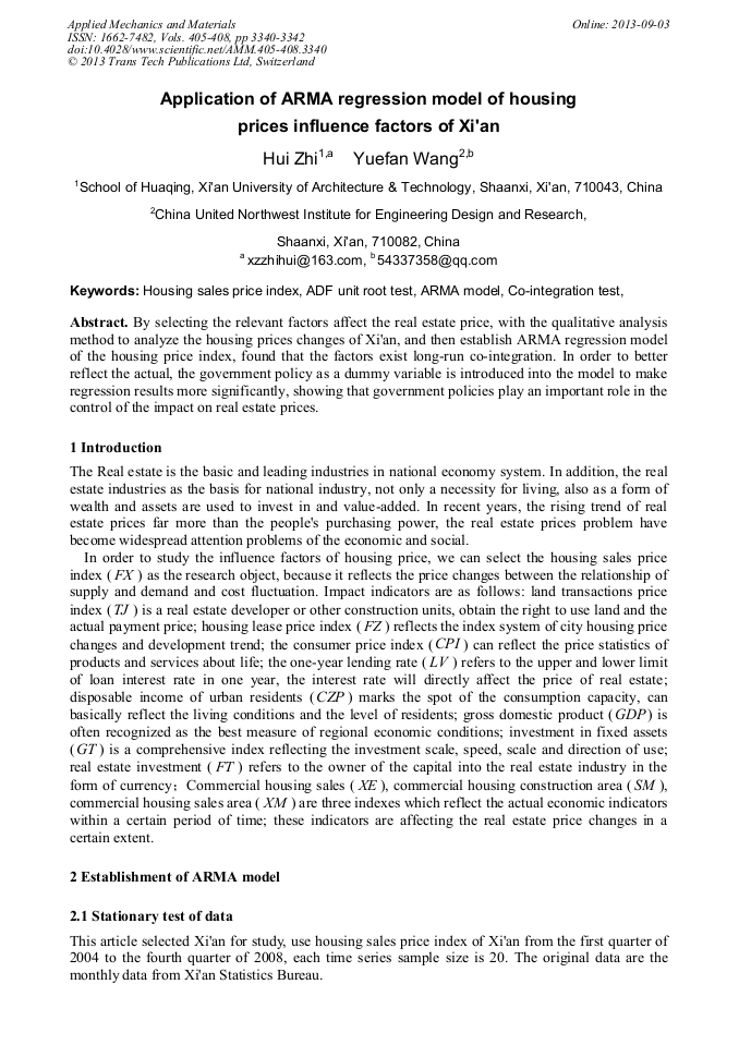 Application of ARMA Regression Model of Housing Prices Influence ...