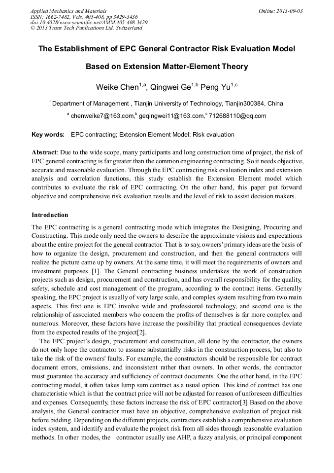 The Establishment of EPC General Contractor Risk Evaluation Model Based ...