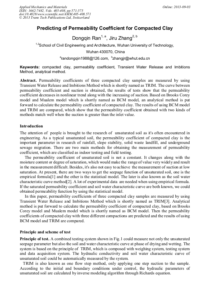 Predicting of Permeability Coefficient for Compacted Clay | Scientific.Net