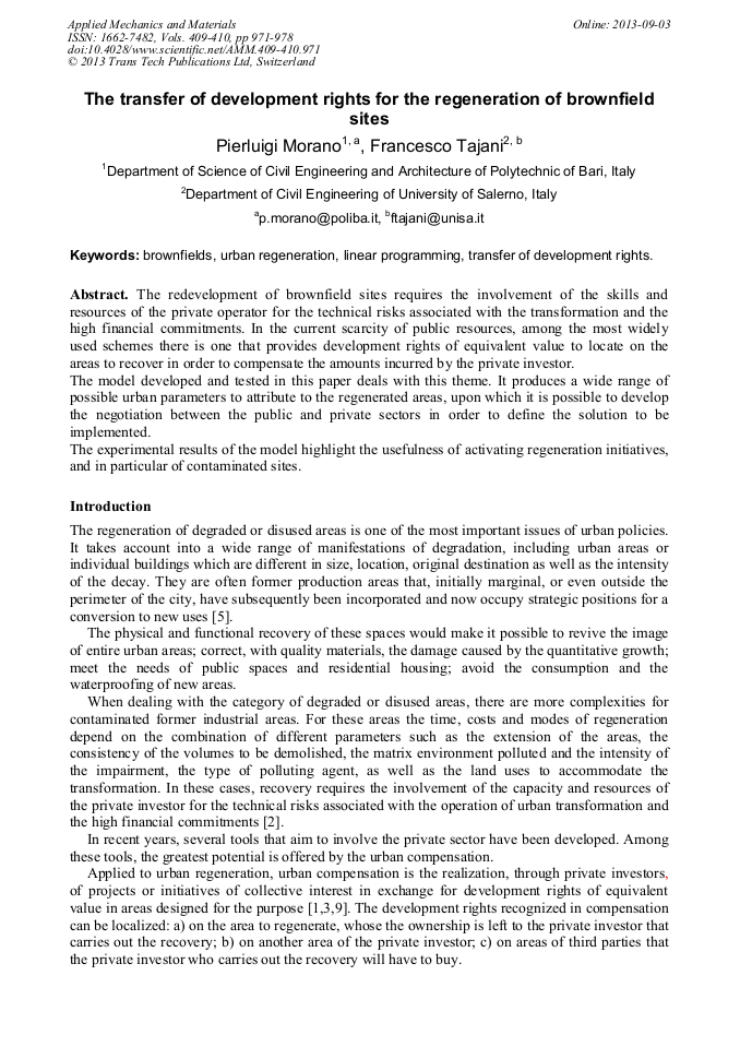 The Transfer of Development Rights for the Regeneration of Brownfield ...