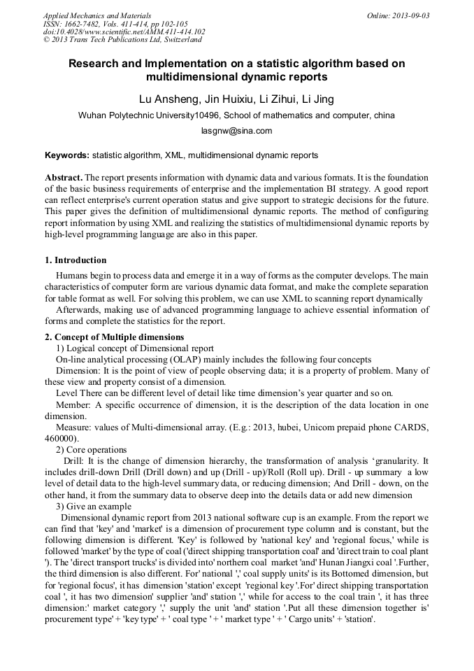 Research And Implementation On A Statistic Algorithm Based On Multidimensional Dynamic Reports