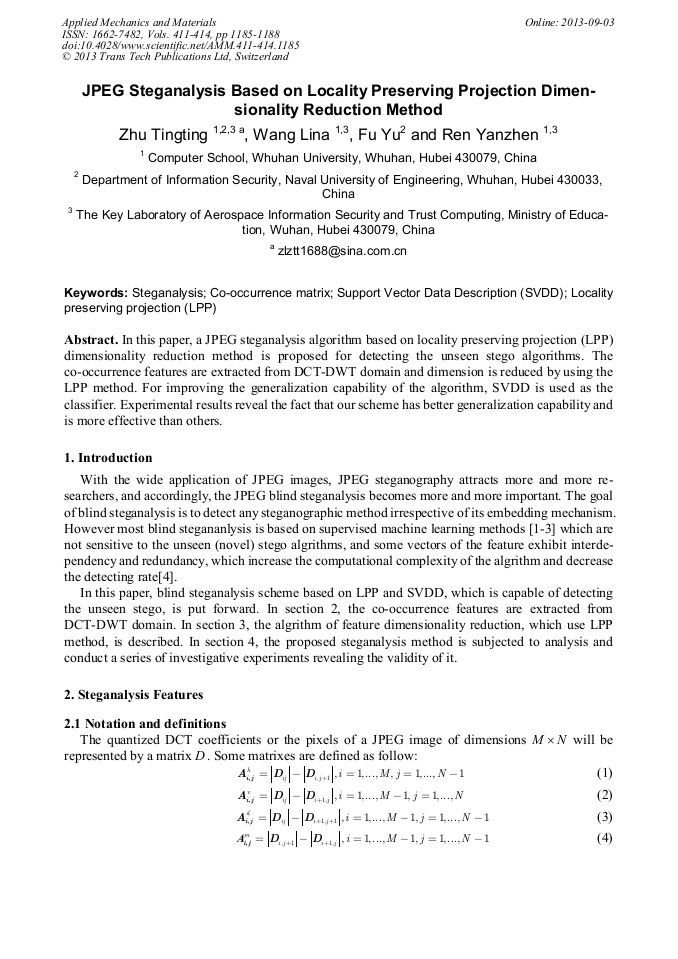 Jpeg Steganalysis Based On Locality Preserving Projection Dimensionality Reduction Method