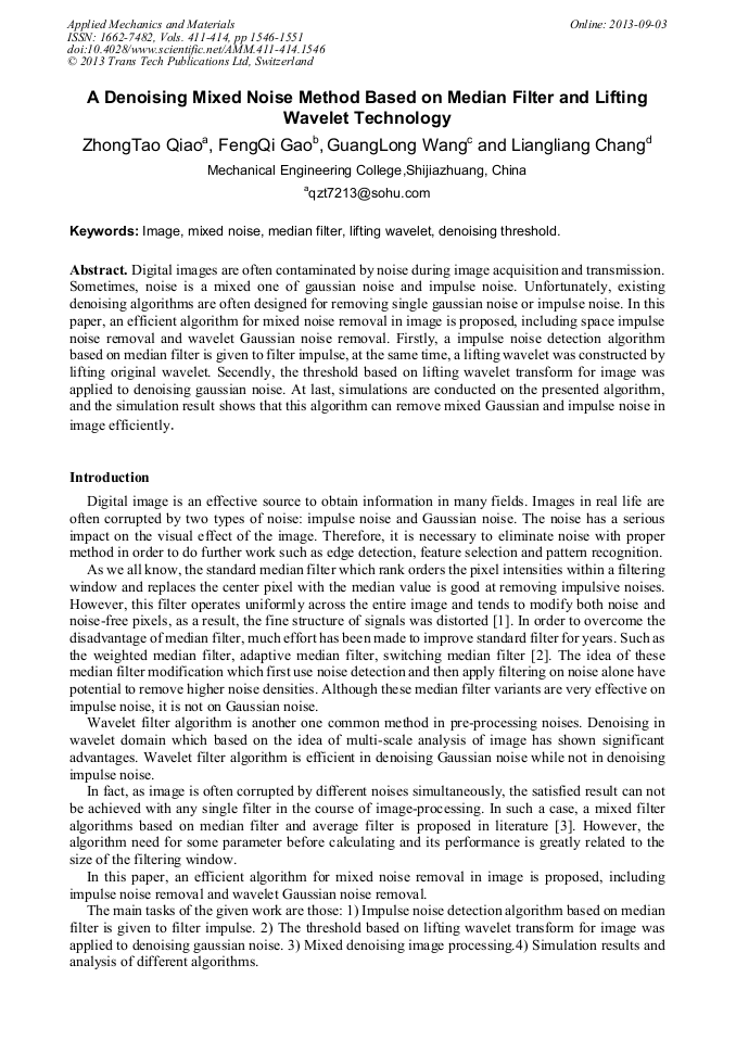 A Denoising Mixed Noise Method Based on Median Filter and Lifting Wavelet Technology ...
