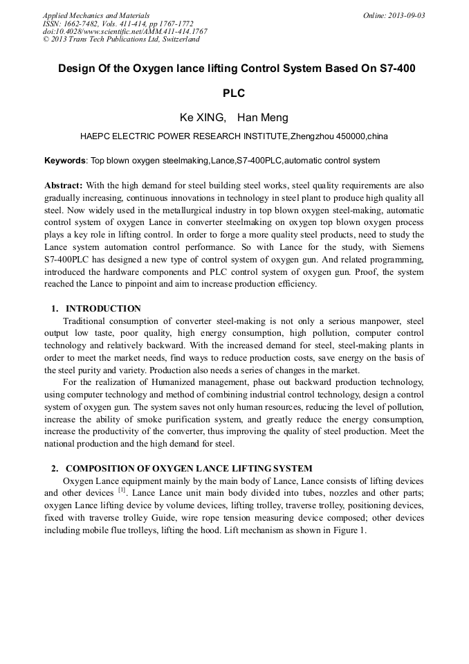Design of the Oxygen Lance Lifting Control System Based on S7-400 PLC ...