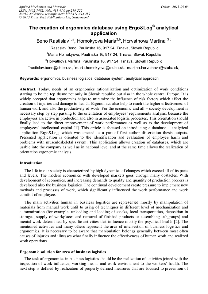 The Creation of Ergonomics Database Using Ergo&Log© Analytical ...