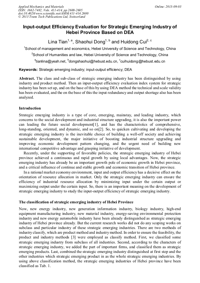 Input-Output Efficiency Evaluation for Strategic Emerging Industry of Hebei Province Based on ...