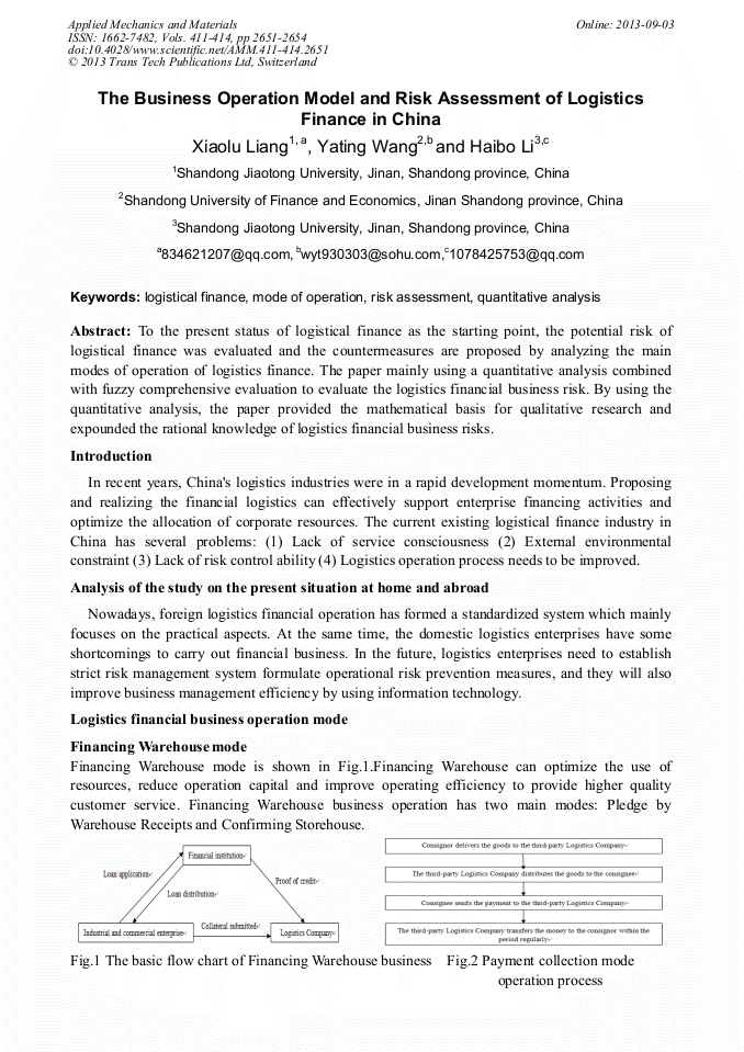 The Business Operation Model and Risk Assessment of Logistics Finance ...