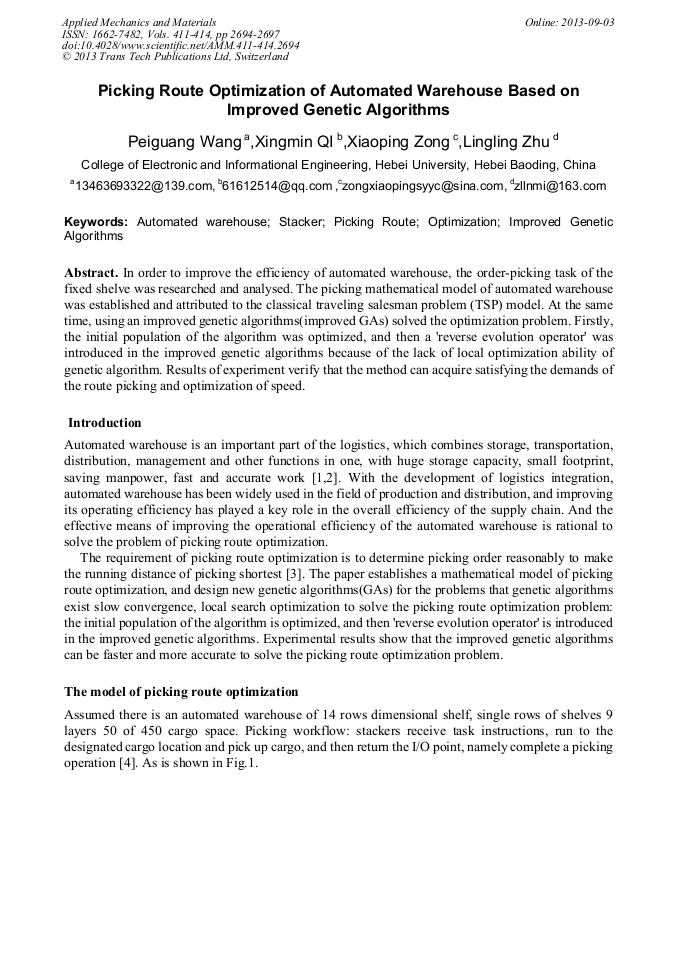 Picking Route Optimization of Automated Warehouse Based on Improved Genetic Algorithms ...