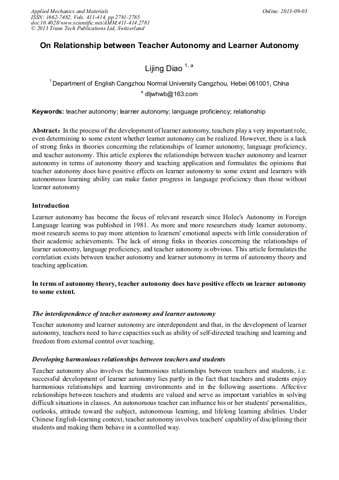 On Relationship between Teacher Autonomy and Learner Autonomy ...