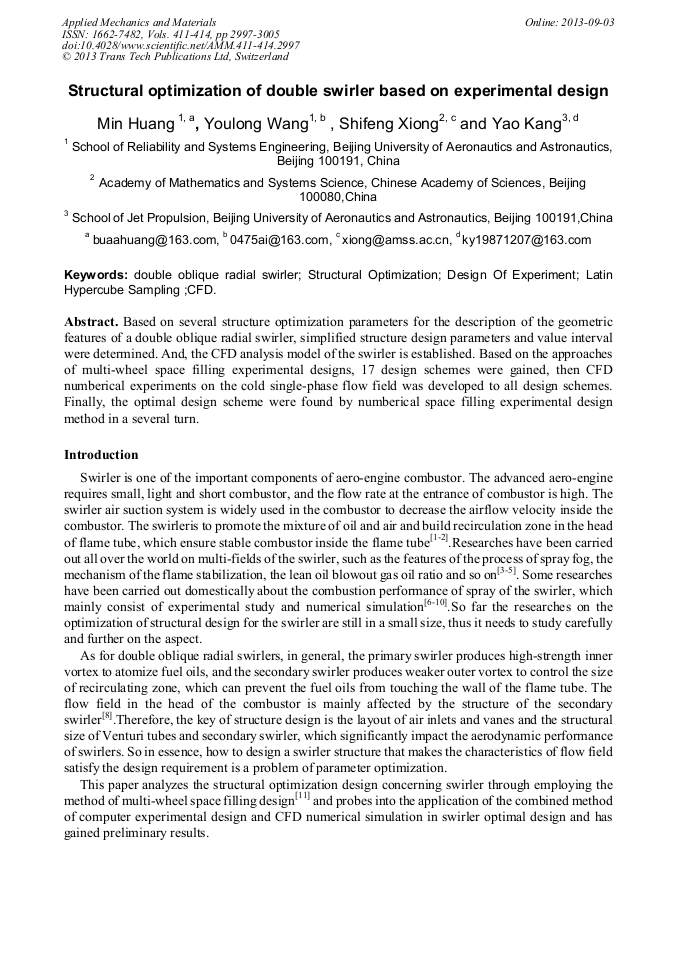 Structural Optimization of Double Swirler Based on Experimental Design ...