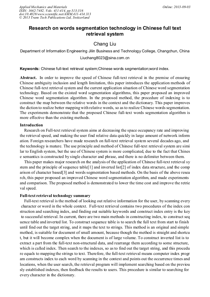 Research on Words Segmentation Technology in Chinese Full Text Retrieval System | Scientific.Net