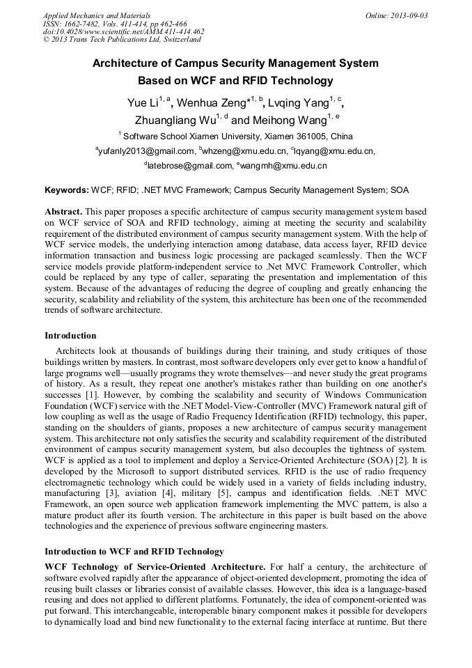 Architecture of Campus Security Management System Based on WCF and RFID Technology | Scientific.Net