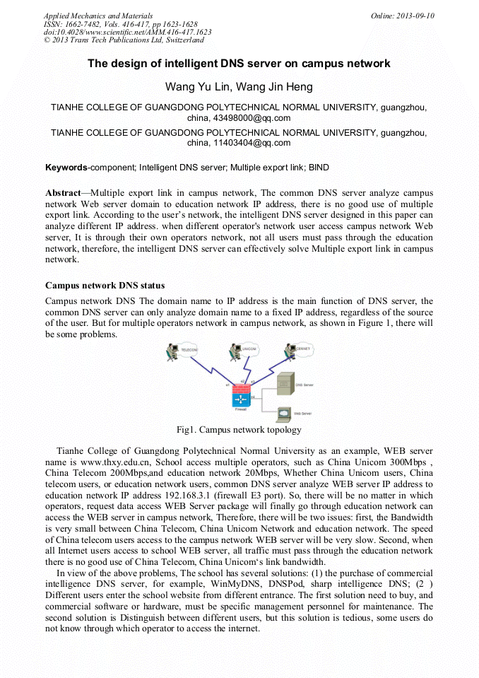 The Design of Intelligent DNS Server on Campus Network | Scientific.Net